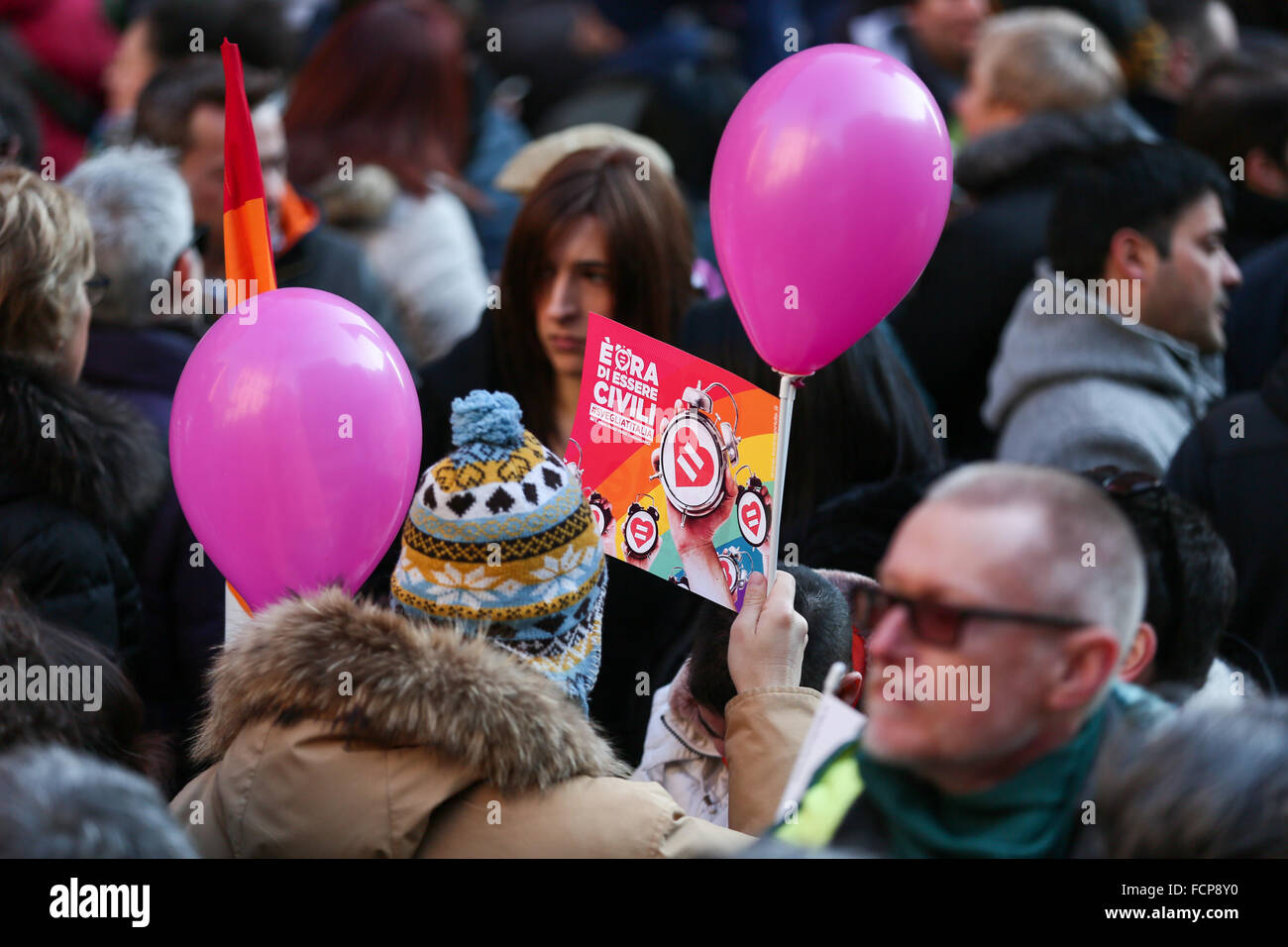 Torino, Italy. 23rd Jan, 2016. People holding pink balloons during ...