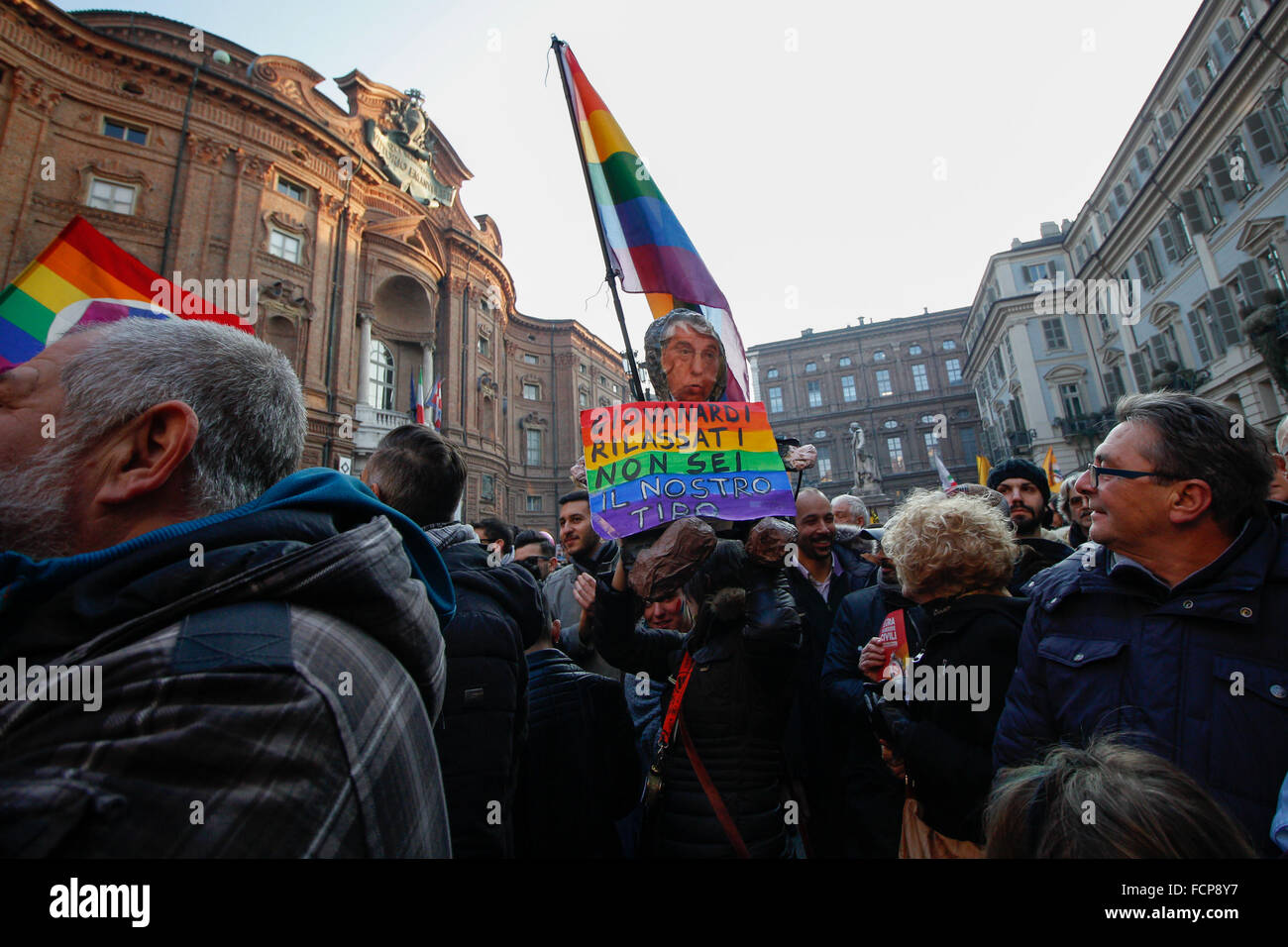 Torino, Italy. 23rd Jan, 2016. People holding rainbow color flag and ...