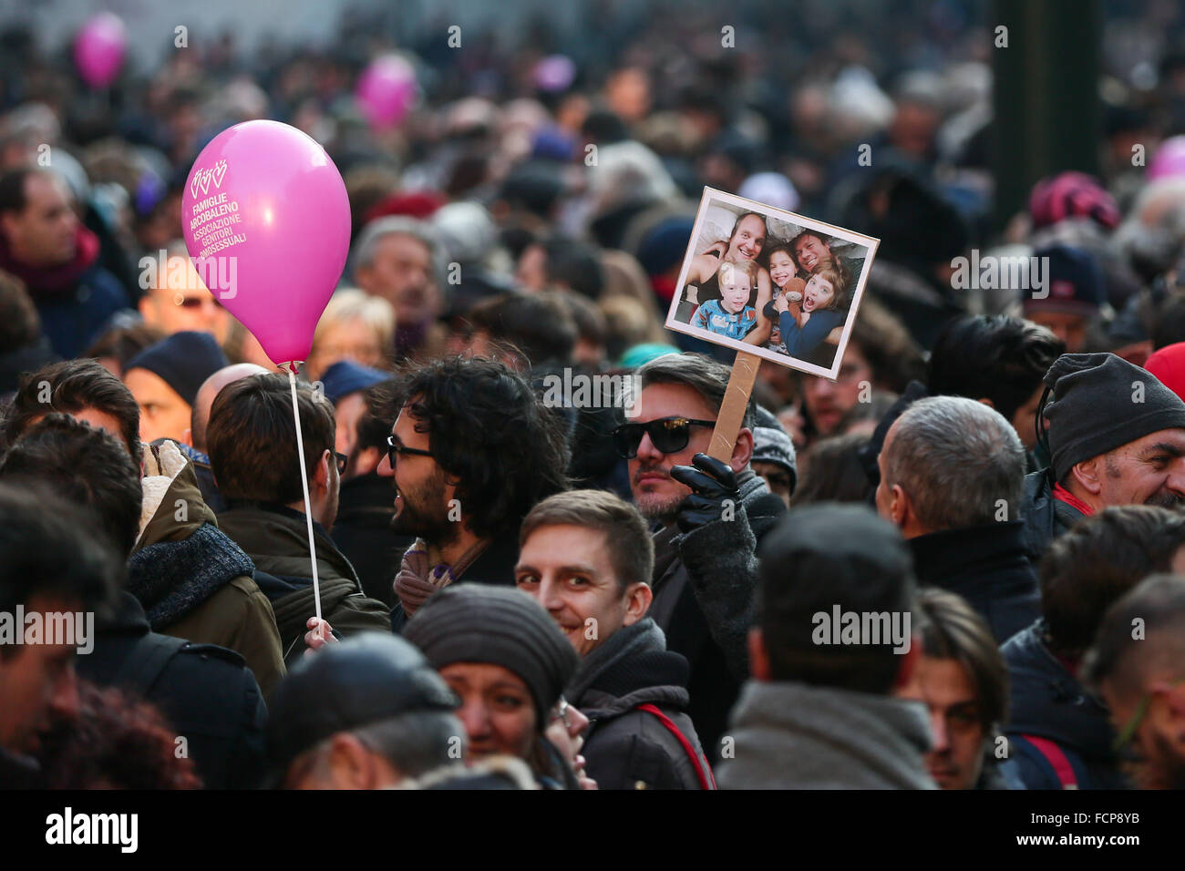 Torino, Italy. 23rd Jan, 2016. People holding balloon and placard joins ...