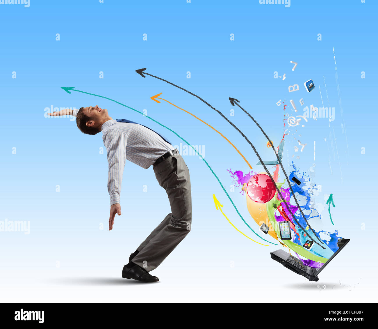 Balancing young man evading from explosion of ideas Stock Photo - Alamy