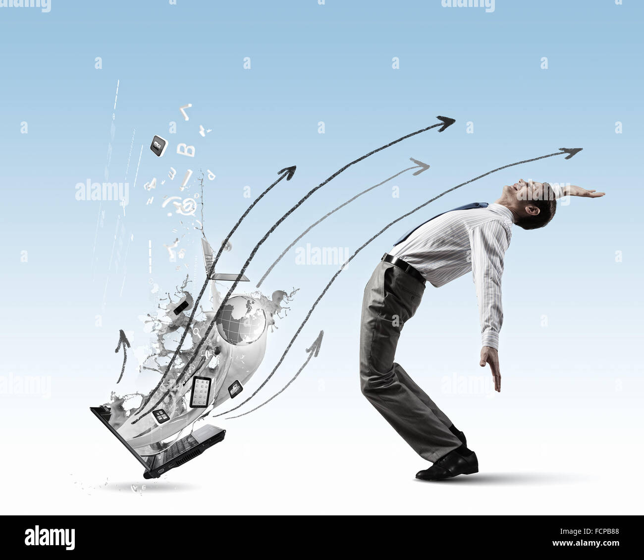 Balancing young man evading from explosion of ideas Stock Photo - Alamy