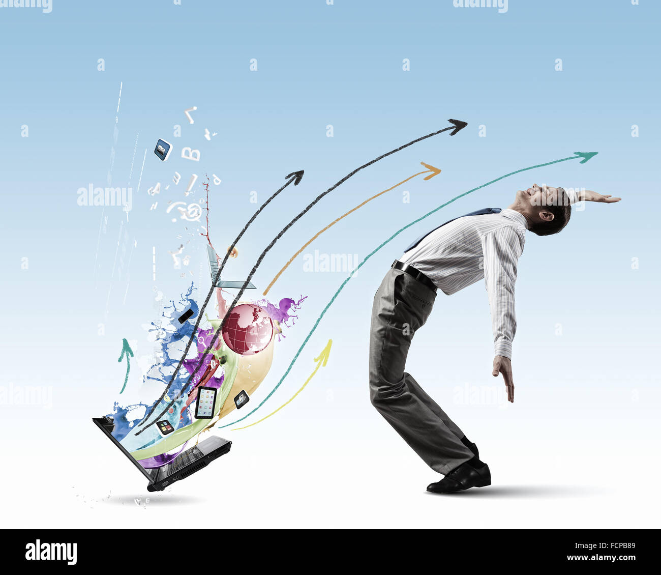 Balancing young man evading from explosion of ideas Stock Photo - Alamy