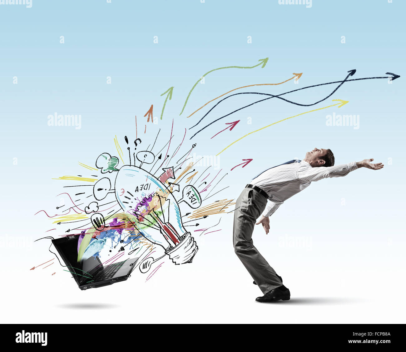 Balancing young man evading from explosion of ideas Stock Photo - Alamy
