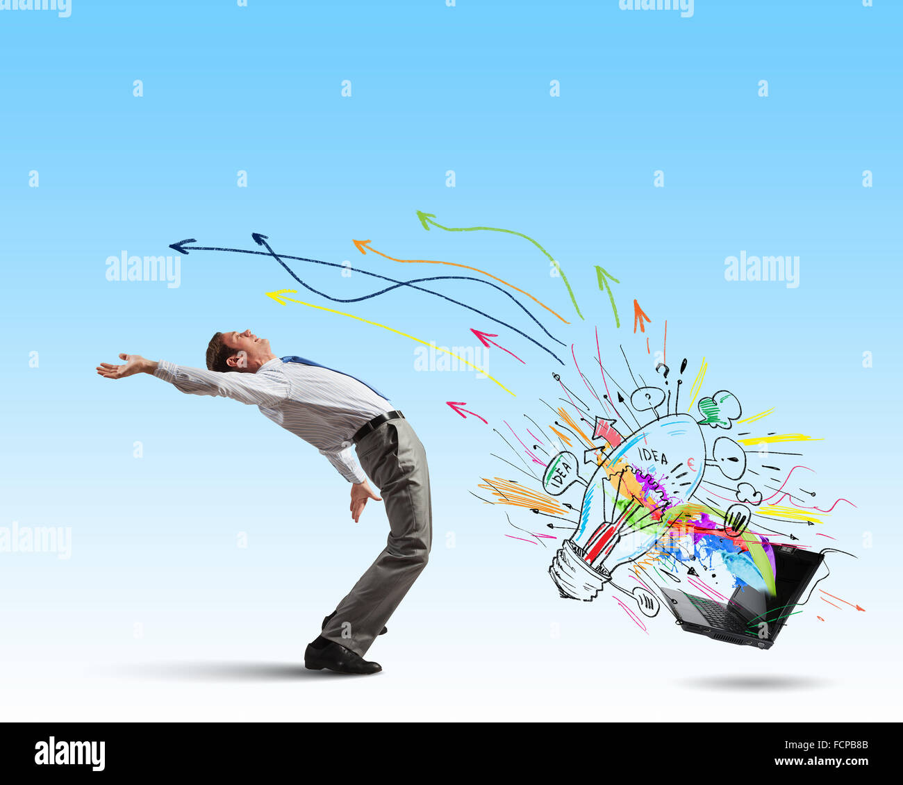 Balancing young man evading from explosion of ideas Stock Photo - Alamy