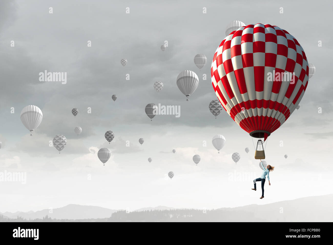 Businesswoman flying in search of ideas hanging on balloon Stock Photo ...