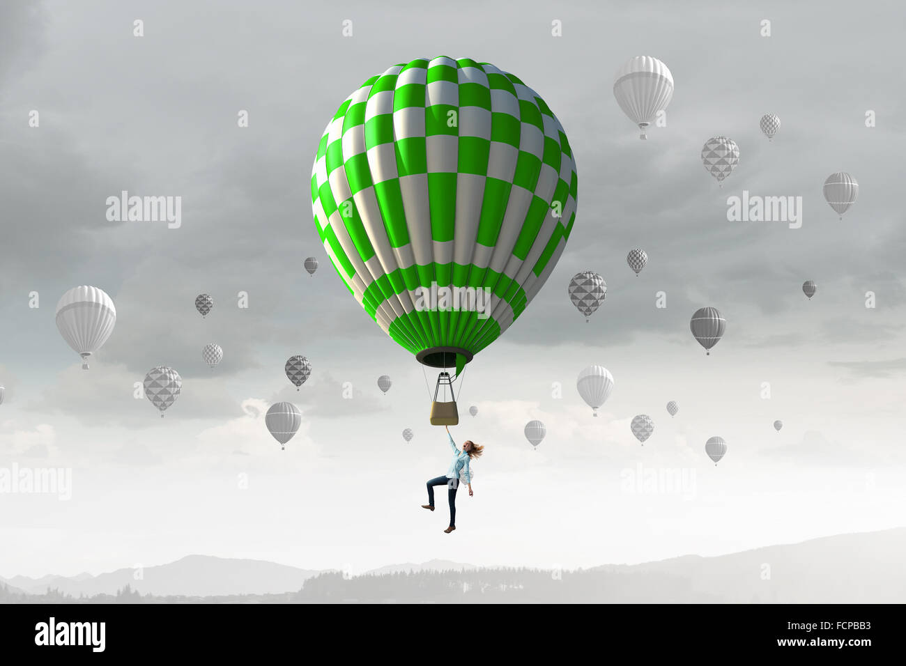 Businesswoman flying in search of ideas hanging on balloon Stock Photo ...