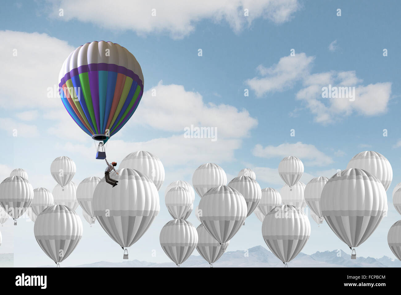 Businessman flying in search of ideas hanging on balloon Stock Photo ...