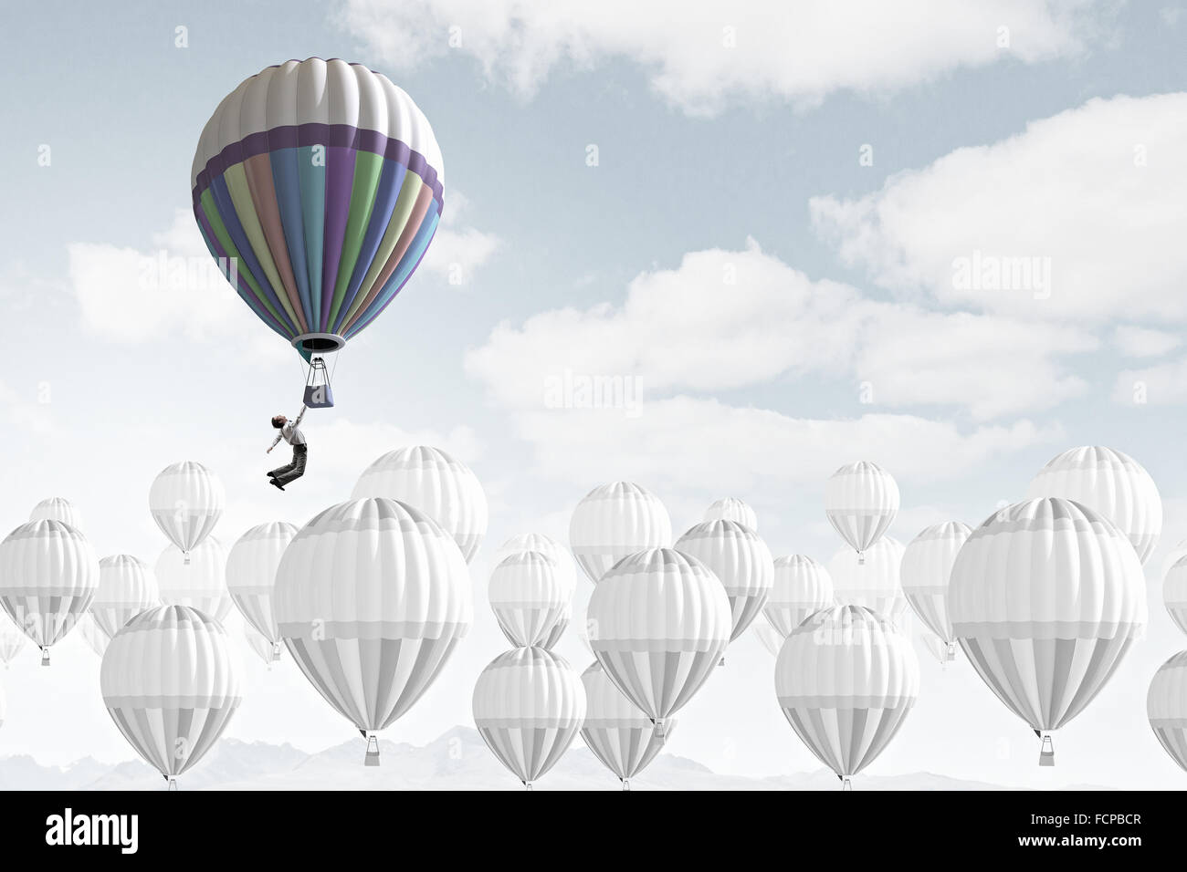 Businessman flying in search of ideas hanging on balloon Stock Photo ...