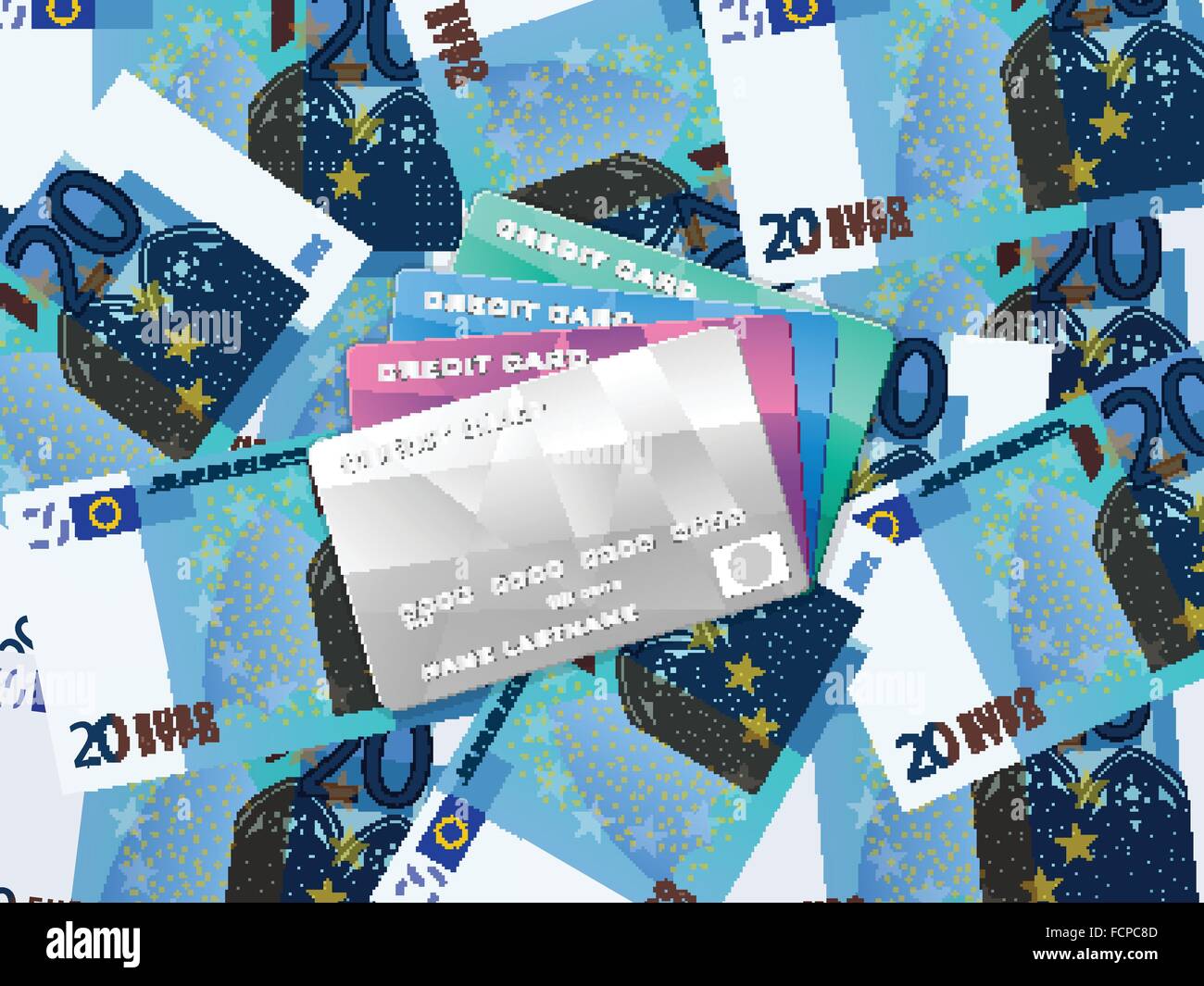Credit cards on twenty euro banknotes background. Vector illustration ...