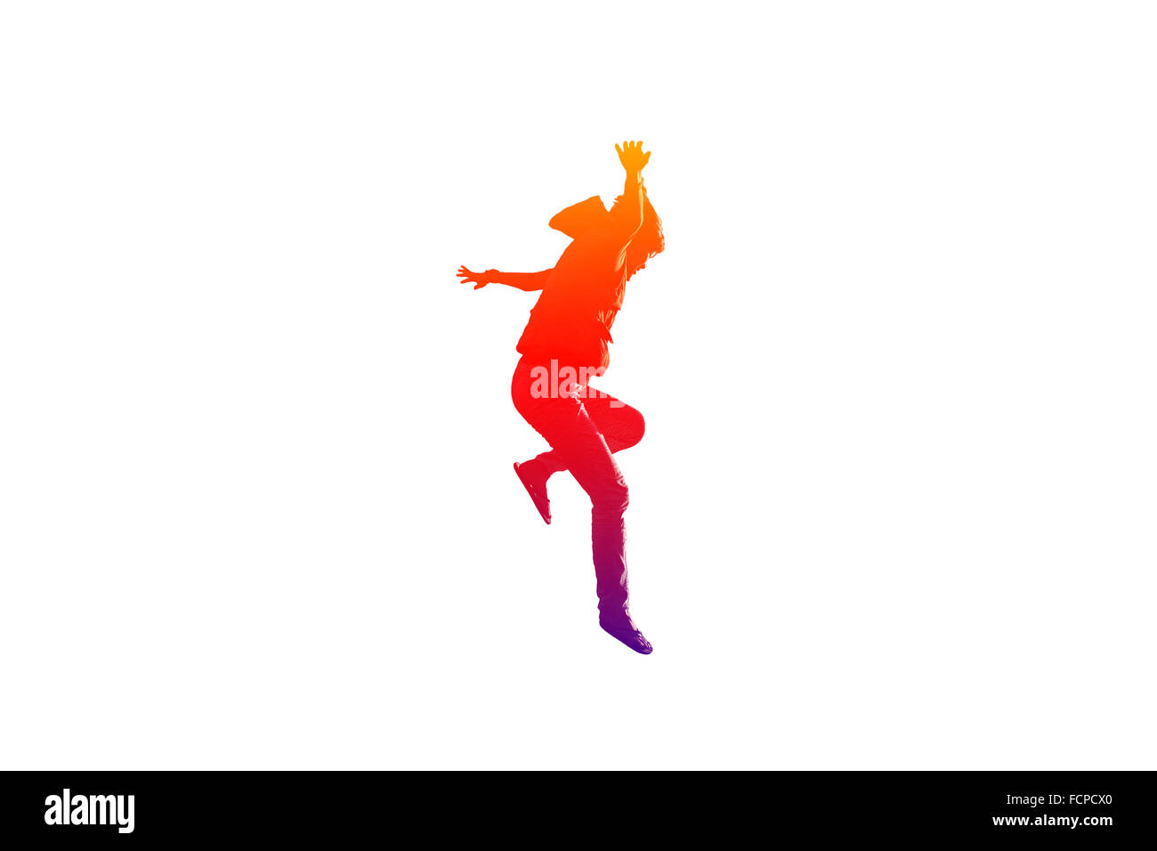 Girl is jumping and hands up in colorful on isolated white background ...