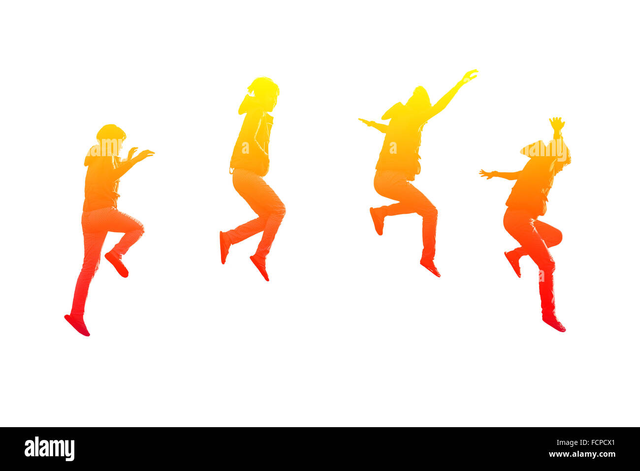 Four actions of girl jumping in colorful on isolated white background ...