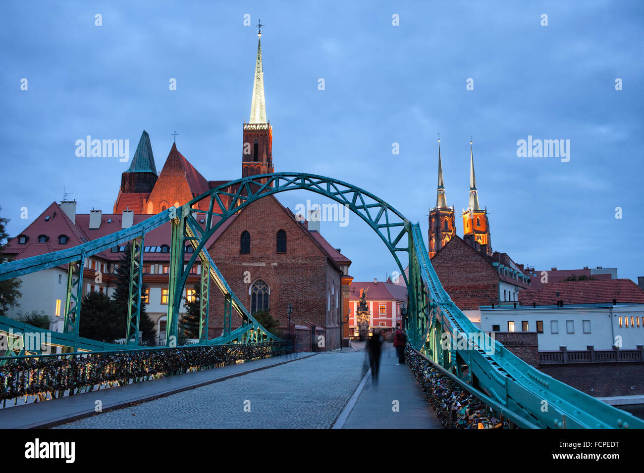 City of Wroclaw in Poland, Tumski Bridge (Lovers Bridge) in the evening ...