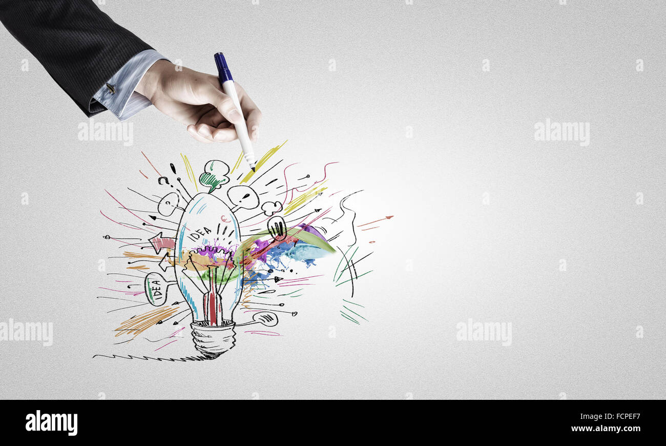 Human hand drawing light bulb isolated on white background Stock Photo ...