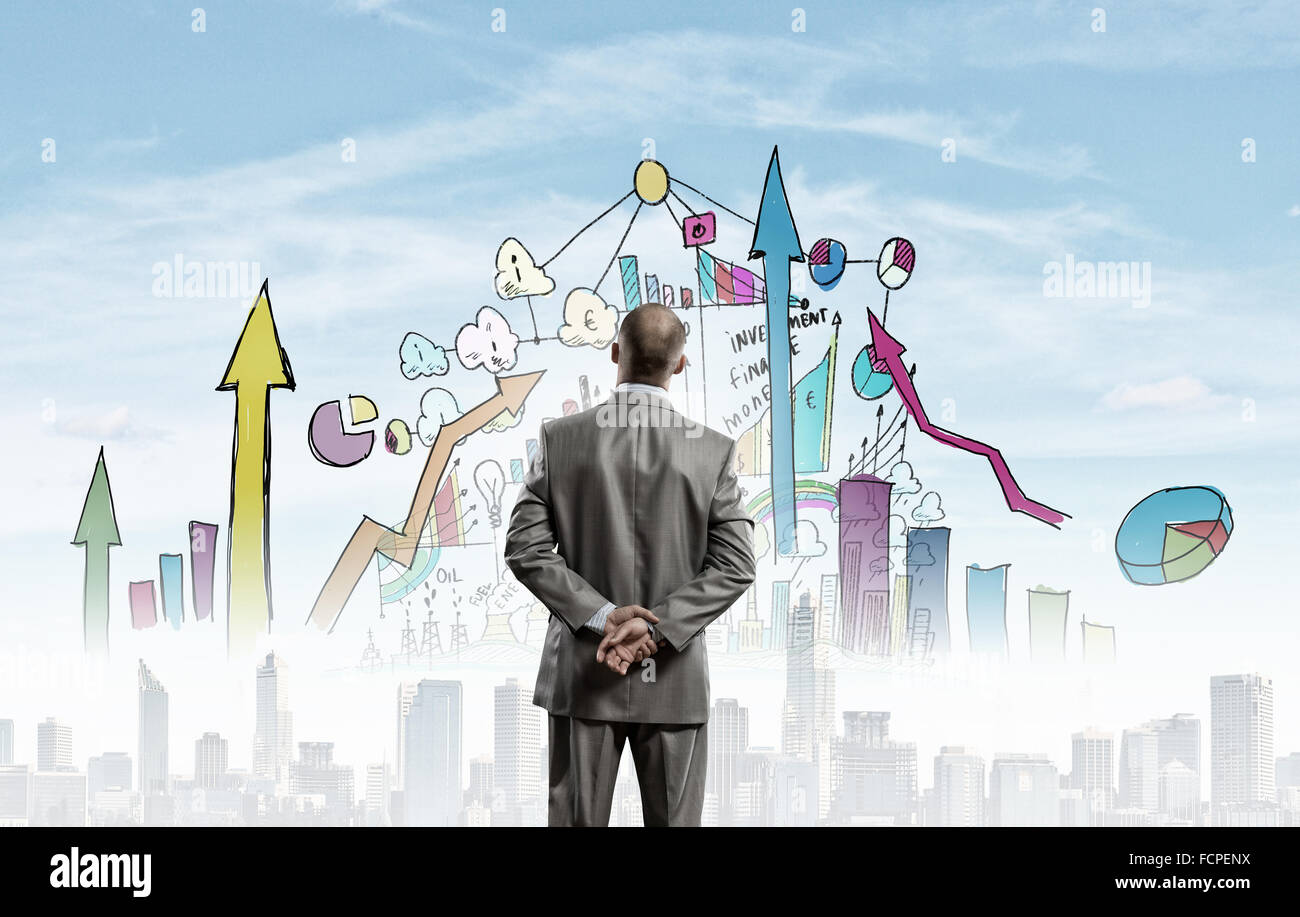 Rear view of businessman looking at business marketing strategy Stock ...