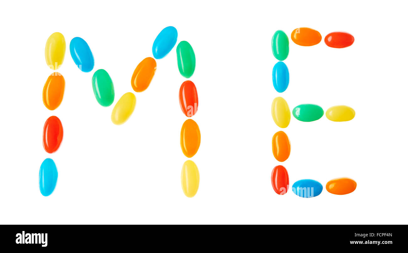 "me" lettering made of multicolored candies isolated on white ...