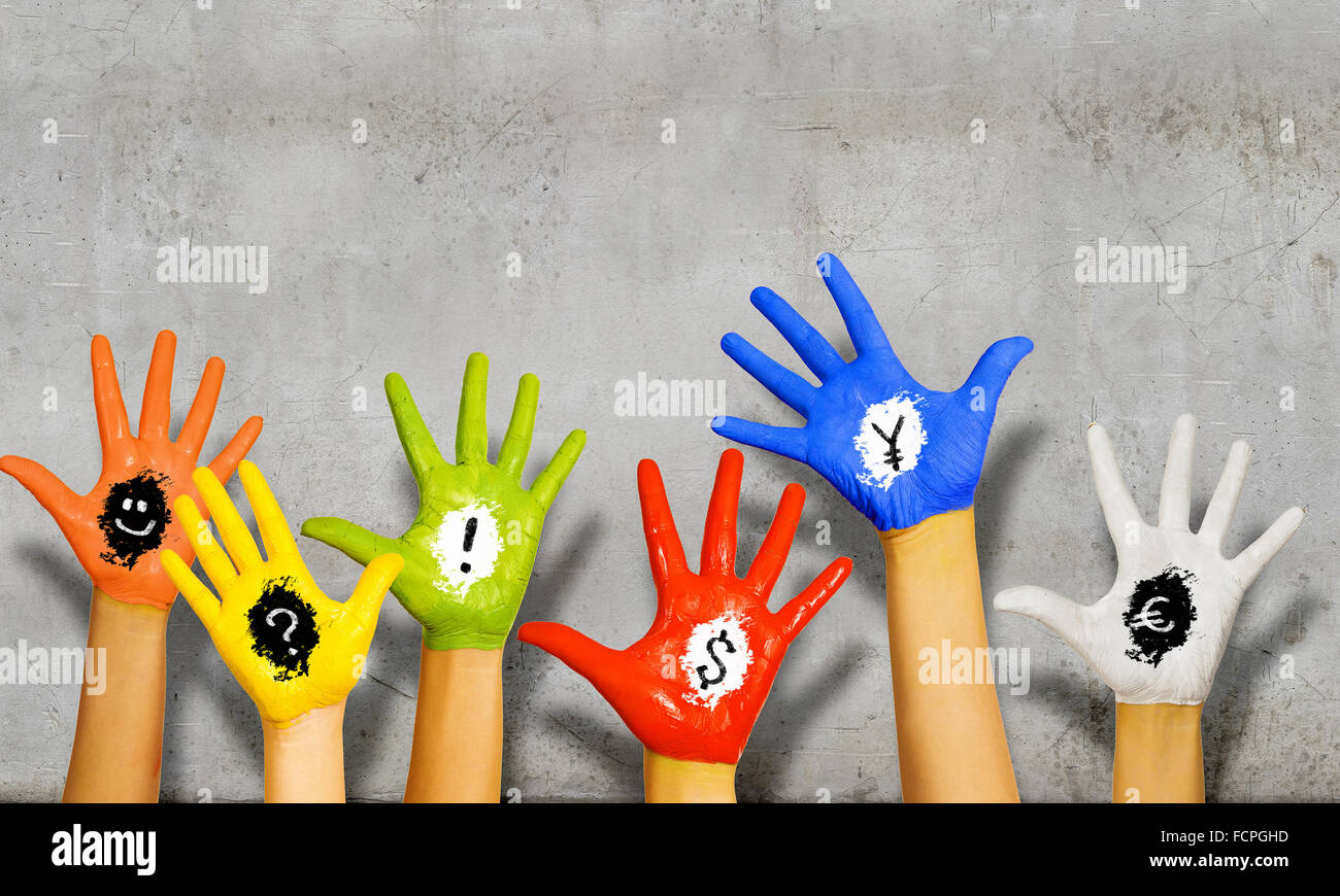 Image of human hands in colorful paint with smiles Stock Photo - Alamy