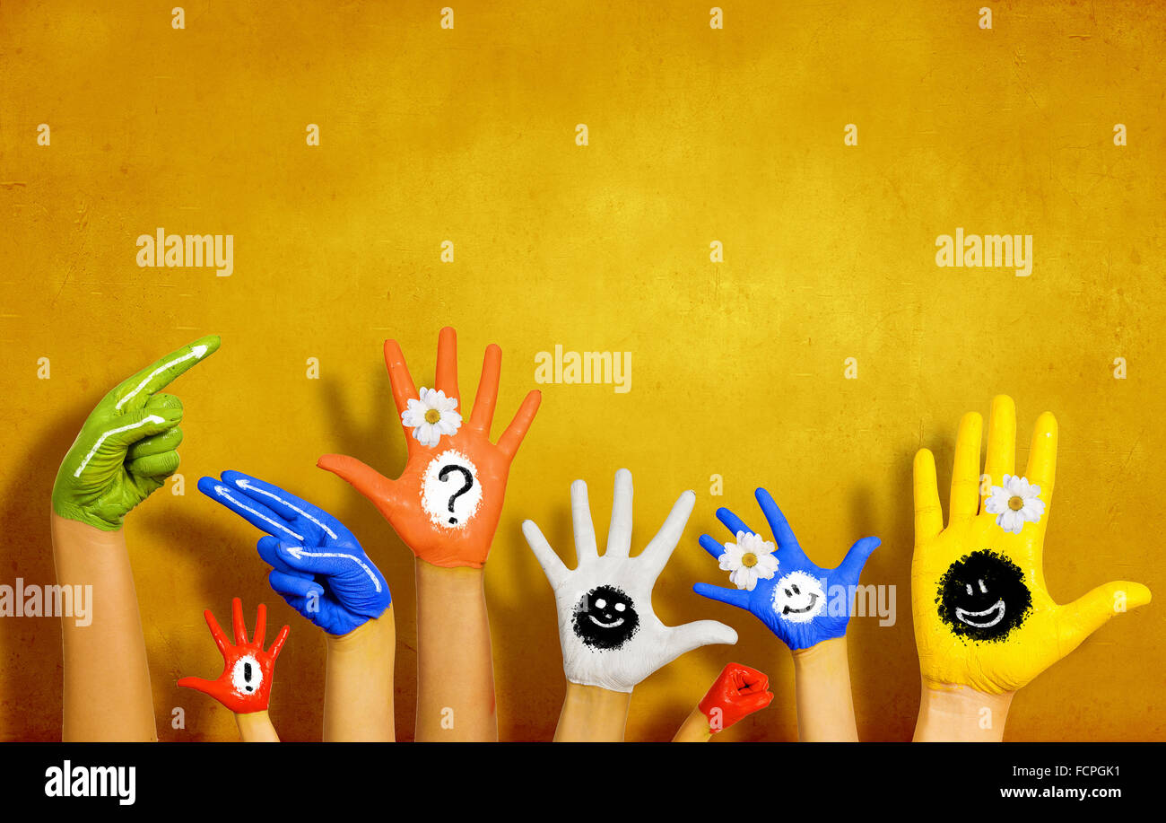 Image of human hands in colorful paint with smiles Stock Photo - Alamy