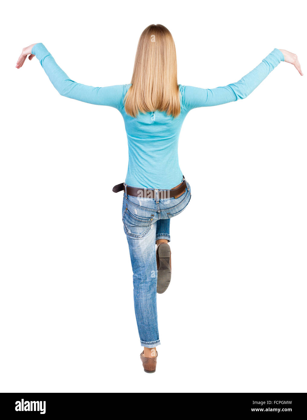 Balancing young woman. or dodge falling woman. Rear view people ...