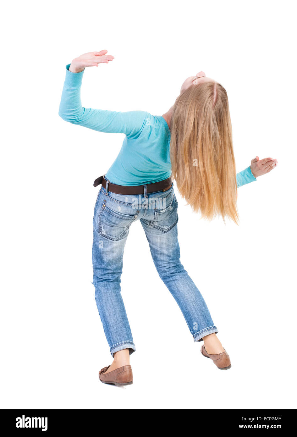 Balancing young woman. or dodge falling woman. Rear view people ...