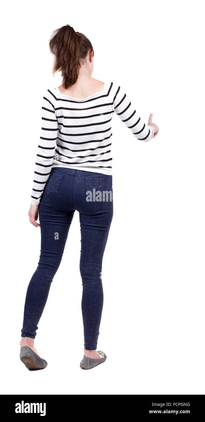 back view of young woman presses down on something. Isolated over white ...