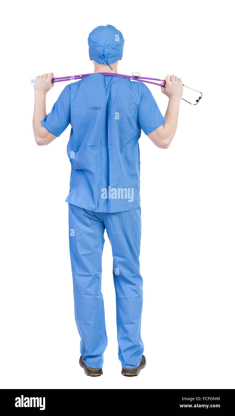 Back view of doctor in robe. Standing young guy. Rear view people ...
