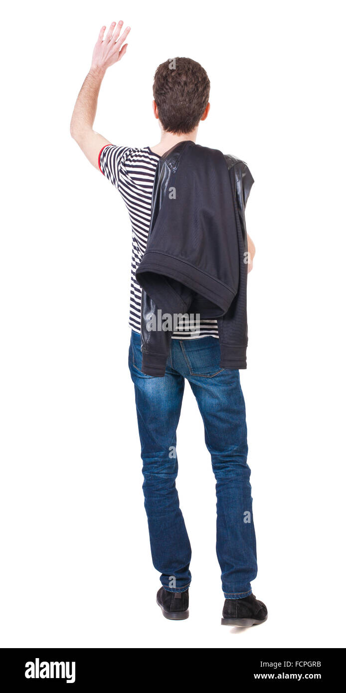 Back view of beautiful man welcomes. man hand waving from. Rear view ...