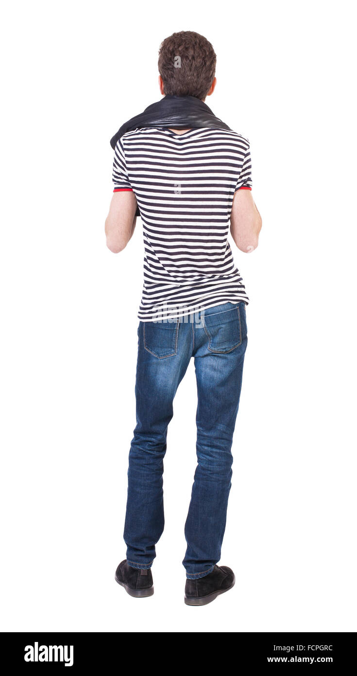 Back view of man in jeans. Standing young guy. Rear view people ...