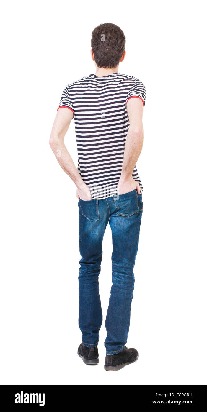 Back view of man in jeans. Standing young guy. Rear view people ...