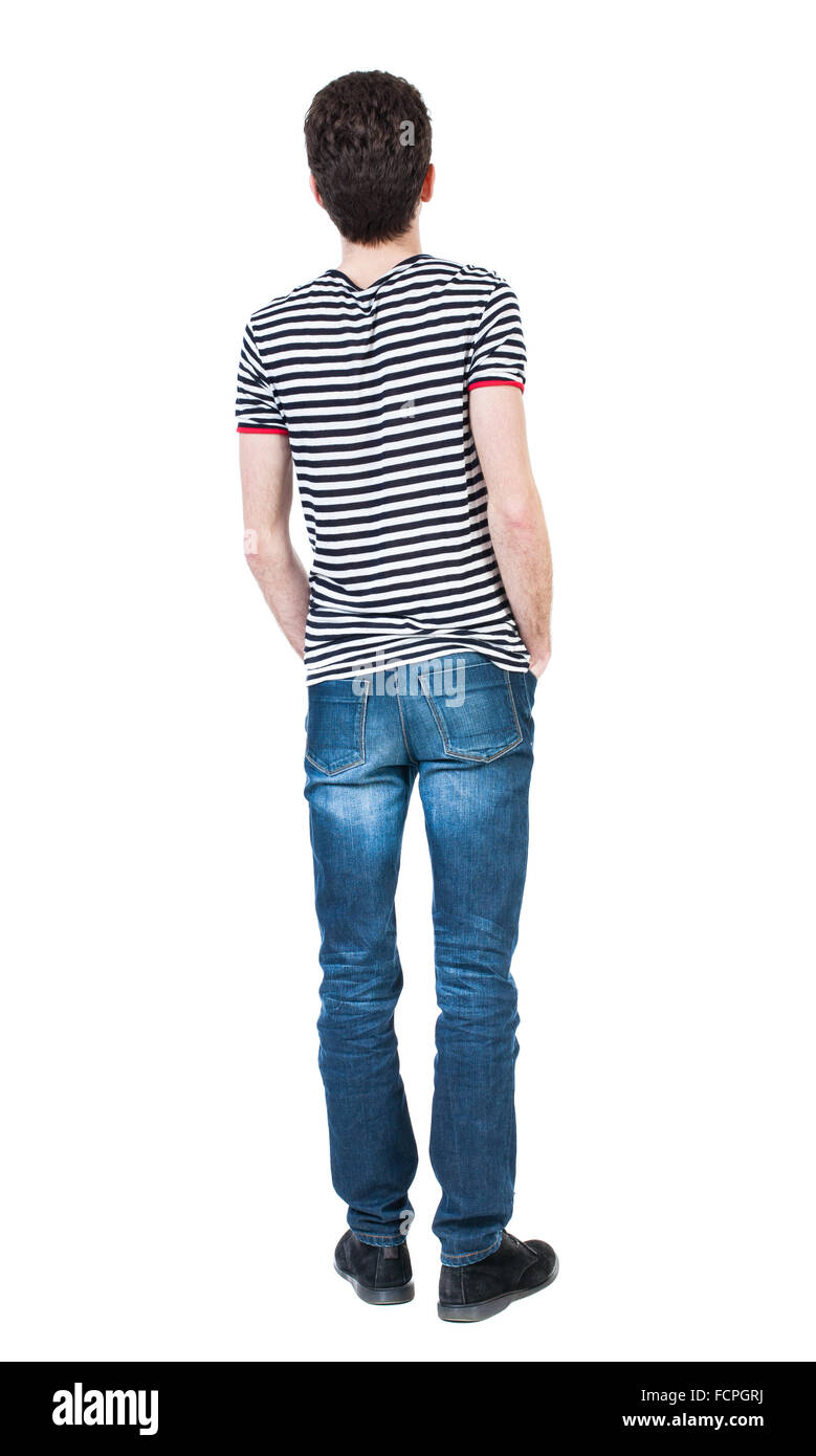 Back view of man in jeans. Standing young guy. Rear view people ...