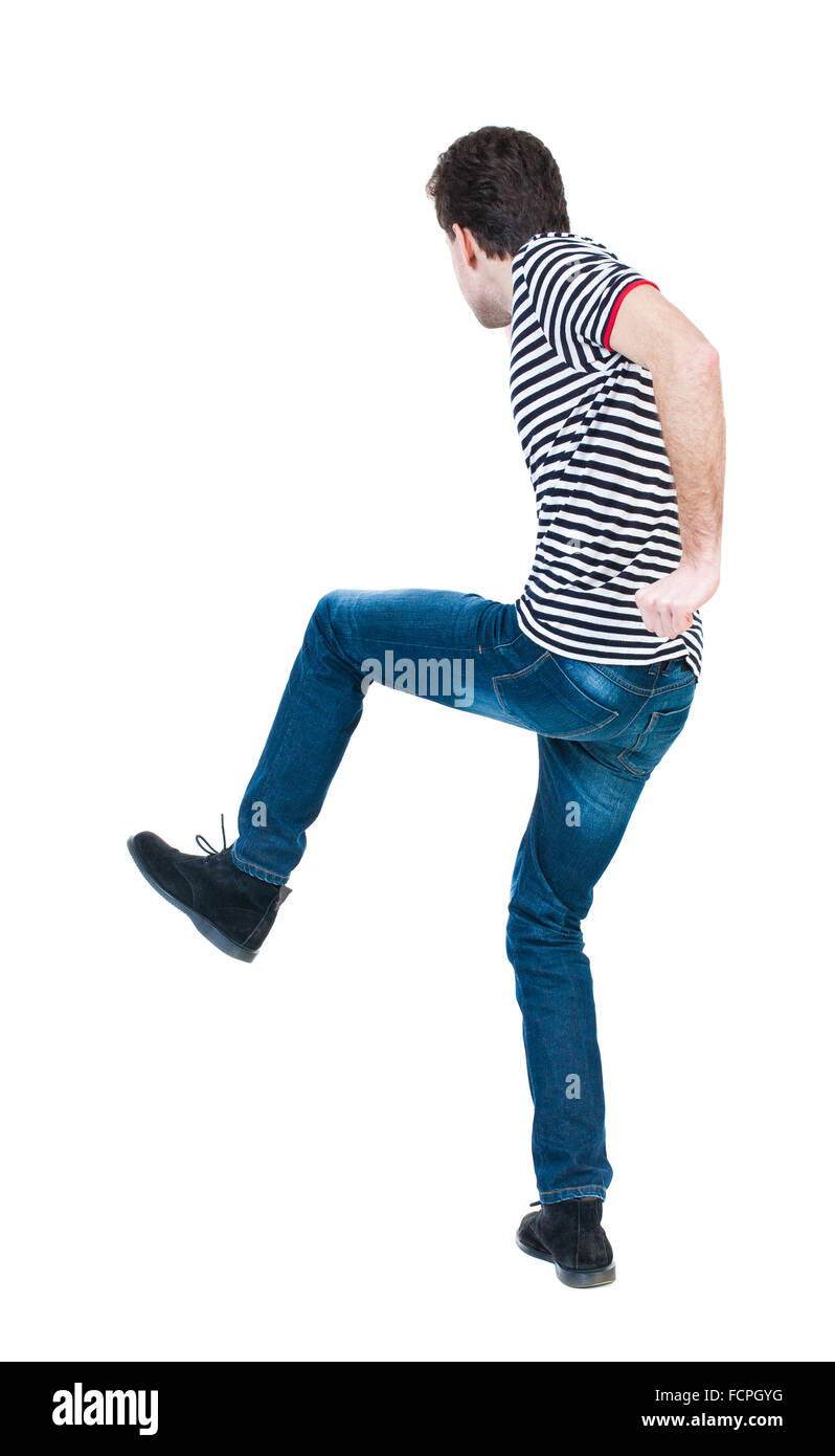 back view of skinny guy funny fights waving his arms and legs. Isolated ...