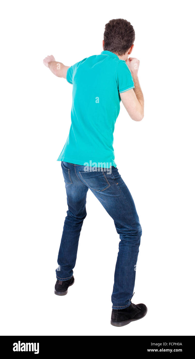 back view of skinny guy funny fights waving his arms and legs. Isolated ...