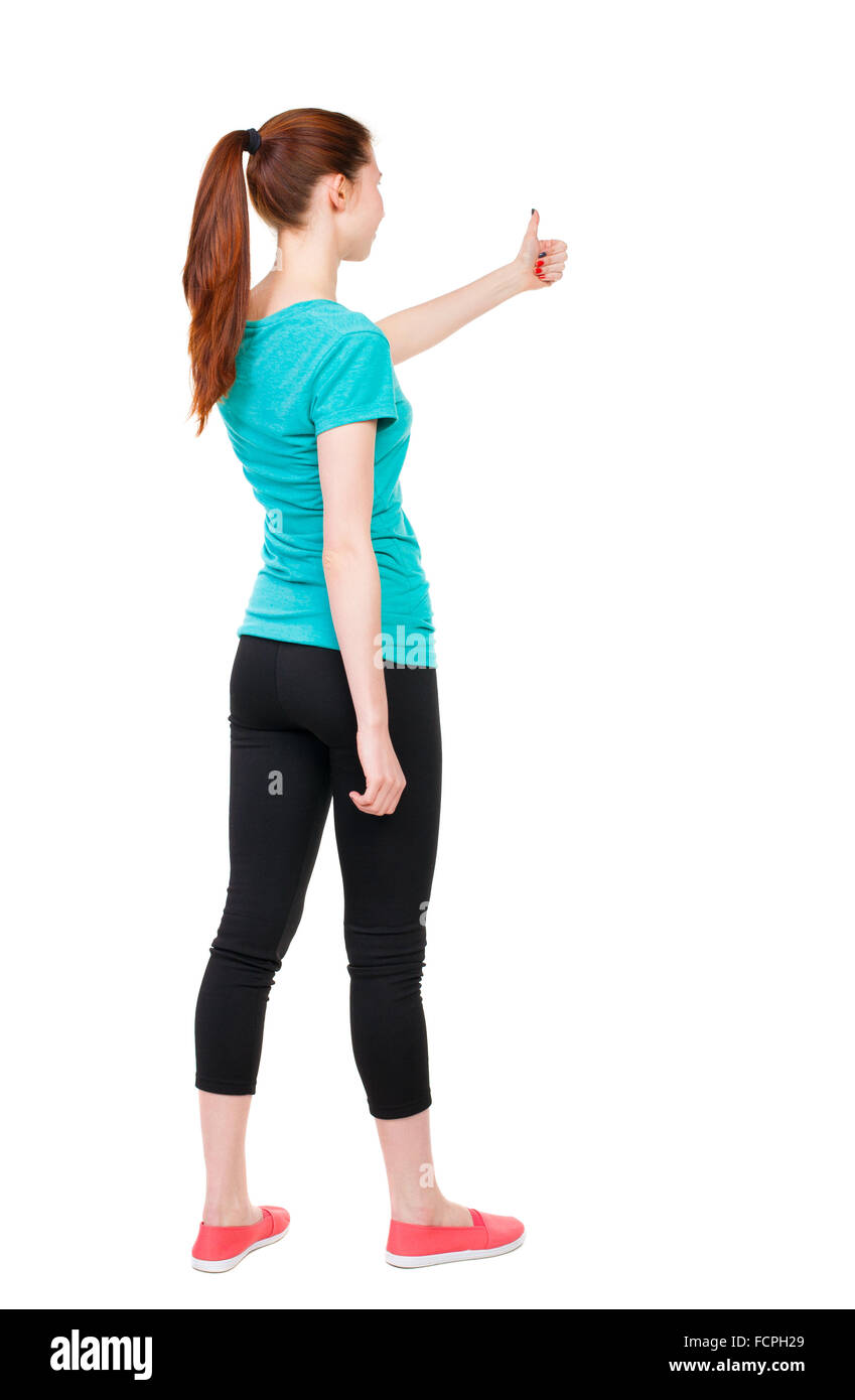 Back view of woman thumbs up. Rear view people collection. backside ...