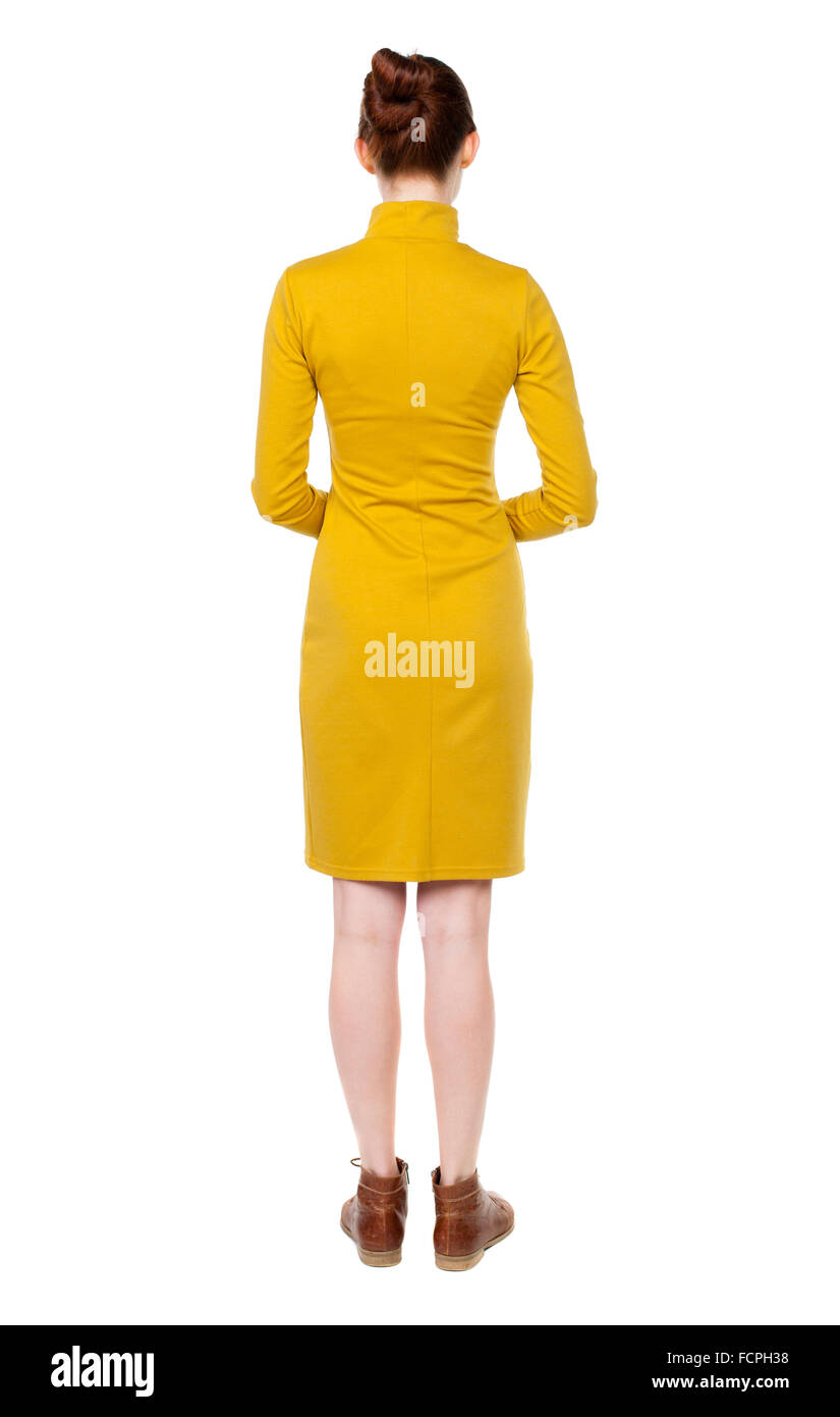 back view of standing young beautiful woman. girl watching. Rear view ...