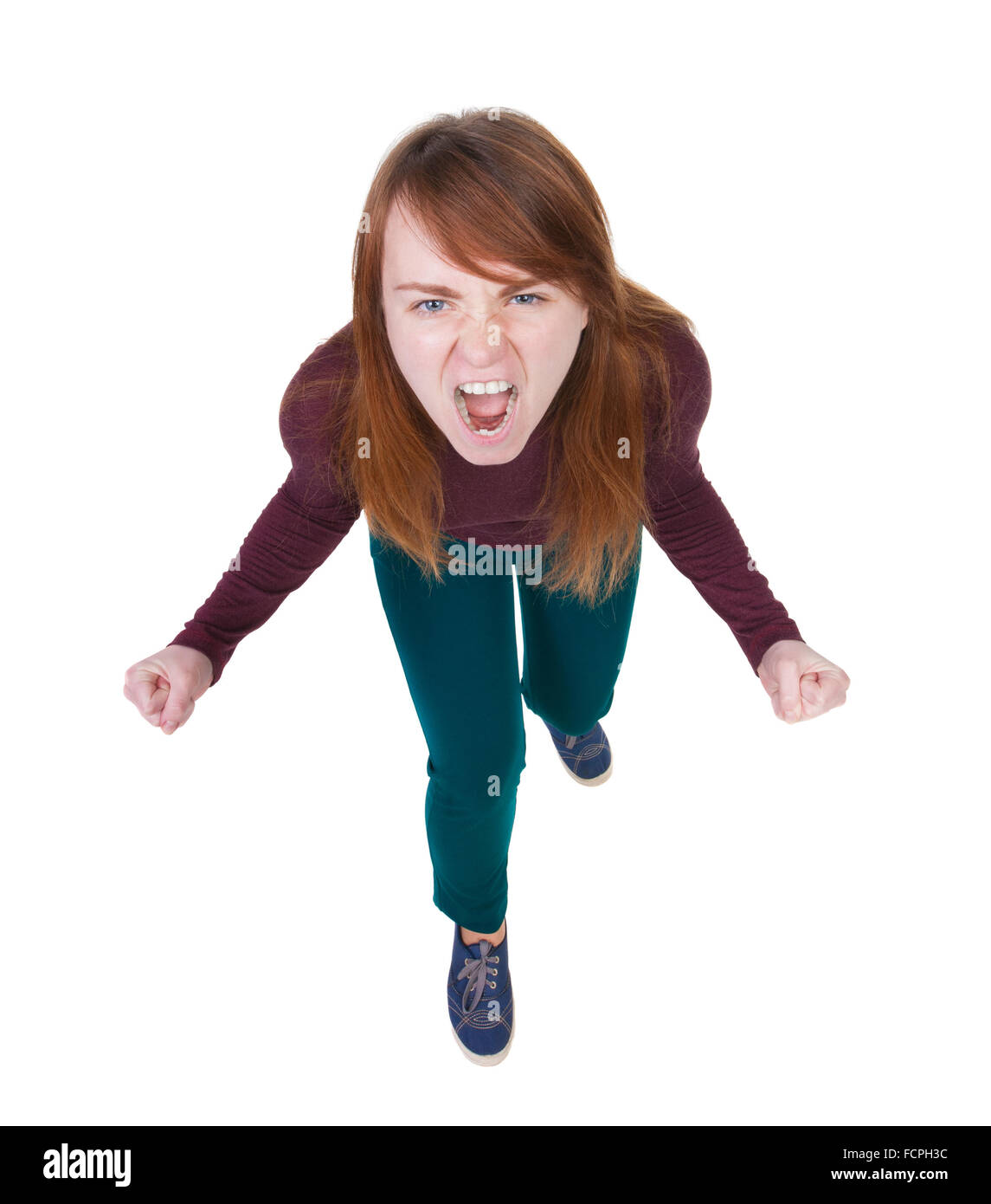 Top view of the furiously screaming, angry woman. Isolated on white ...