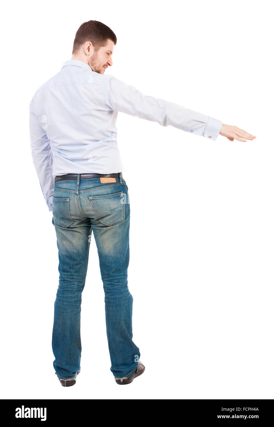 Back view of pointing business man. Rear view people collection ...