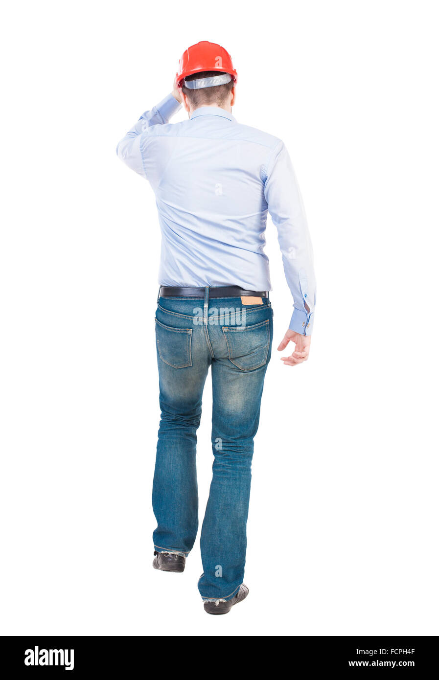 Back view of walking engineer in helmet. Rear view people collection ...