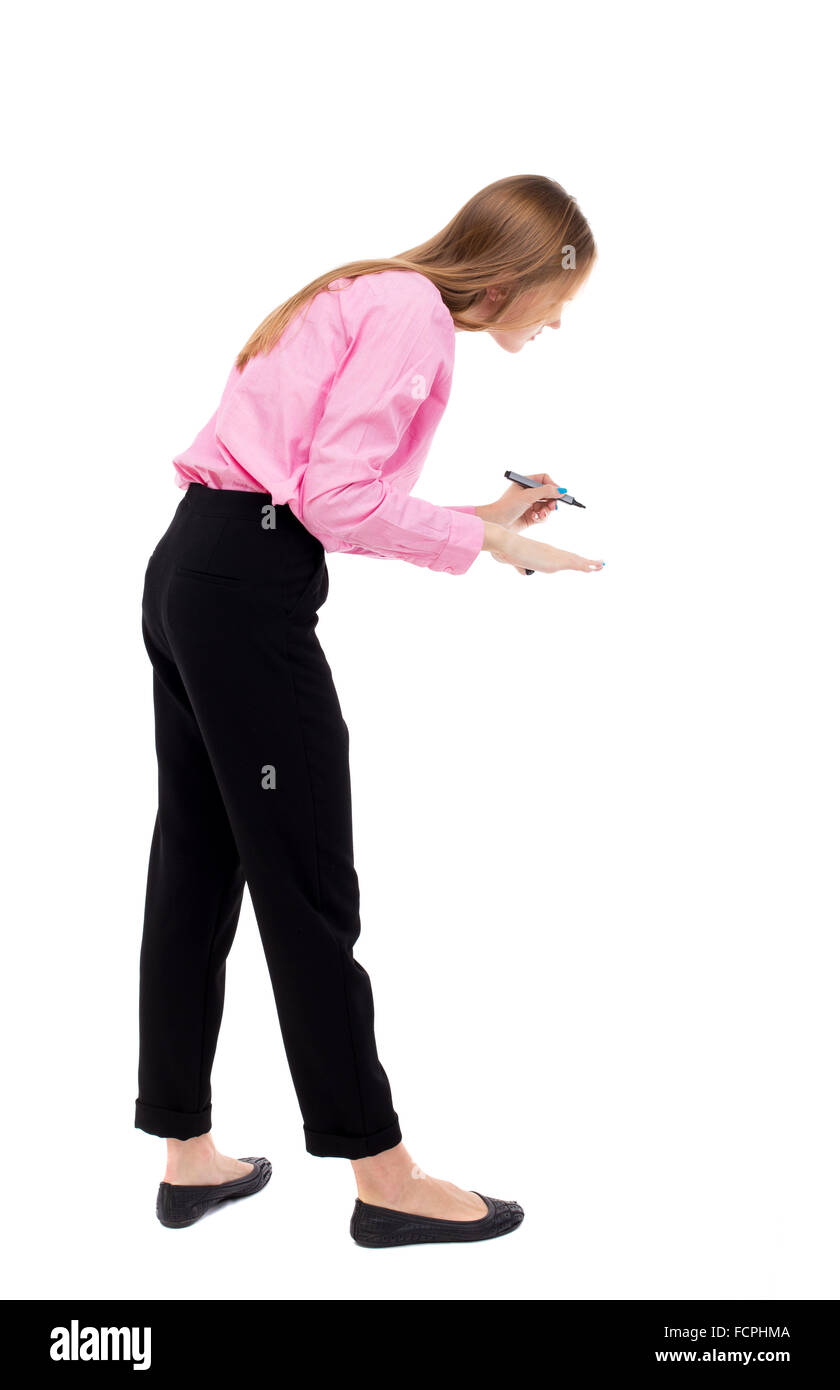 back view of writing beautiful woman. Rear view people collection ...