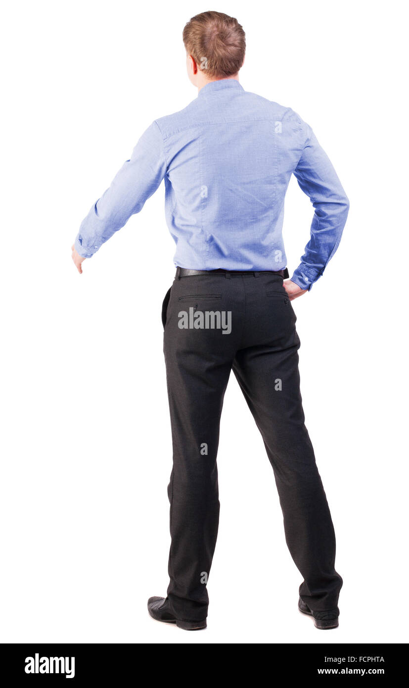 back view of businessman in red shirt out to shake hands. Rear view ...