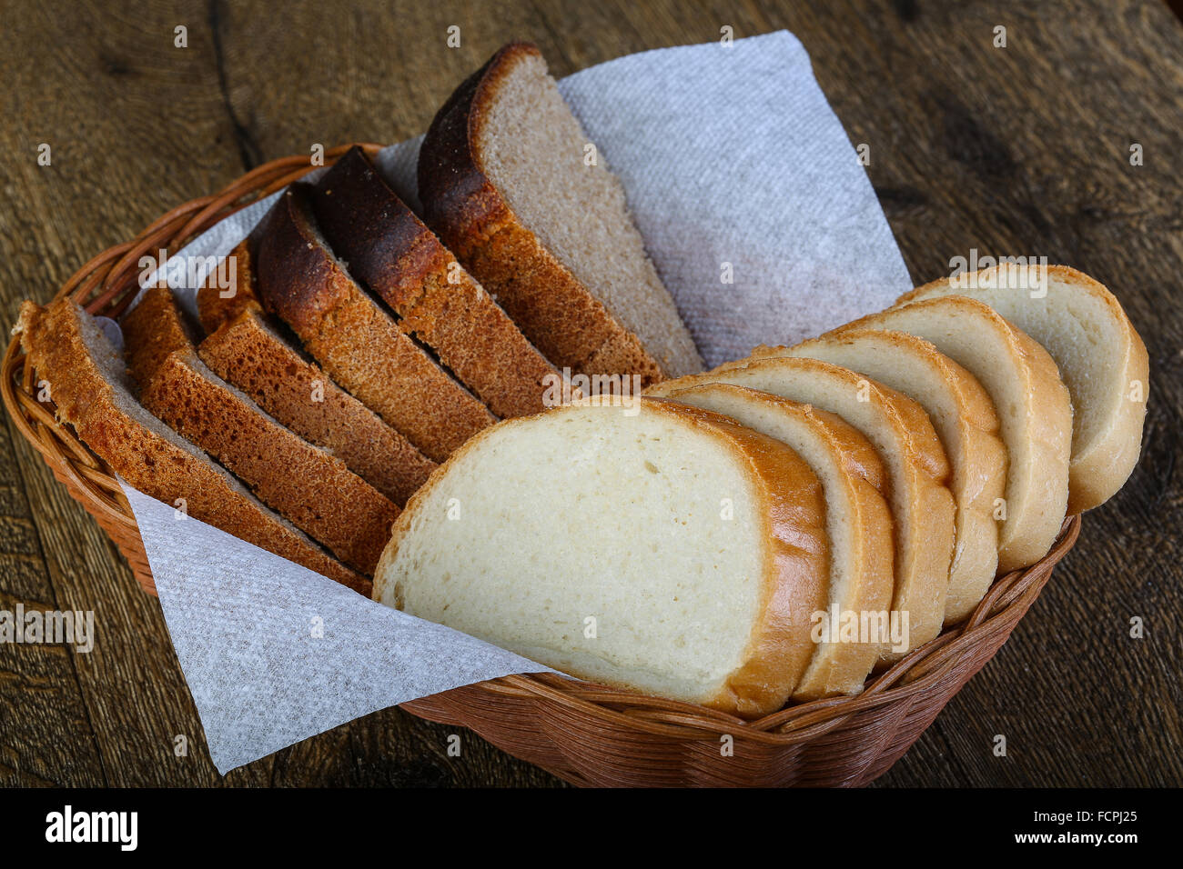 Sliced bread in the basked on wood background Stock Photo - Alamy