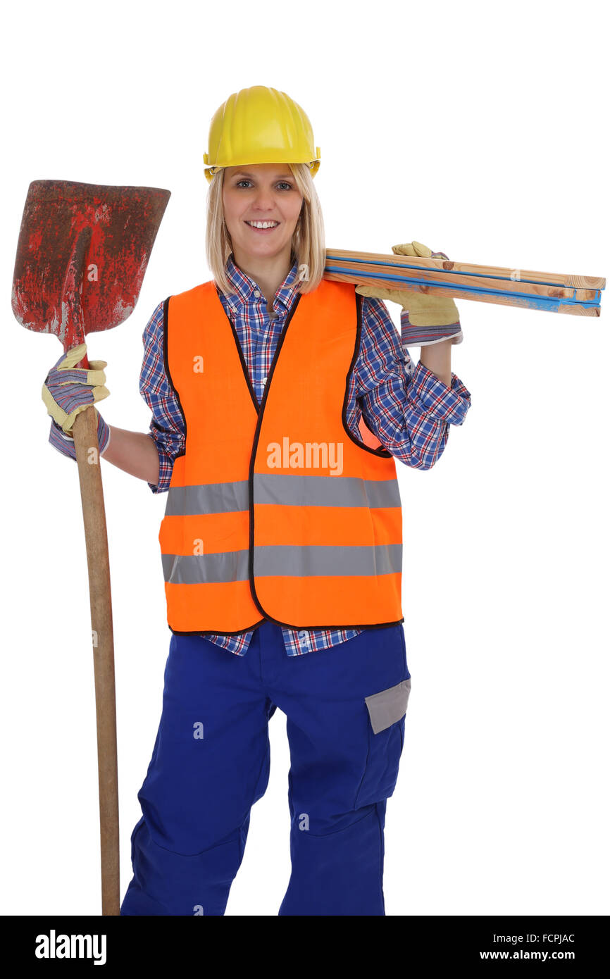 Young female construction worker woman job isolated on a white ...