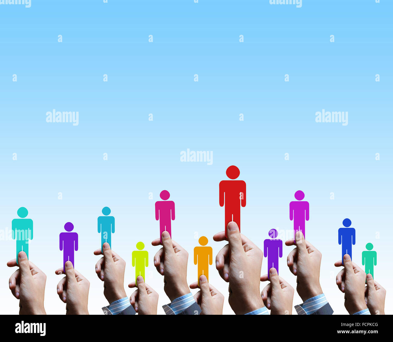 Crowd of businesspeople lifting up hands with conceptual cards Stock ...