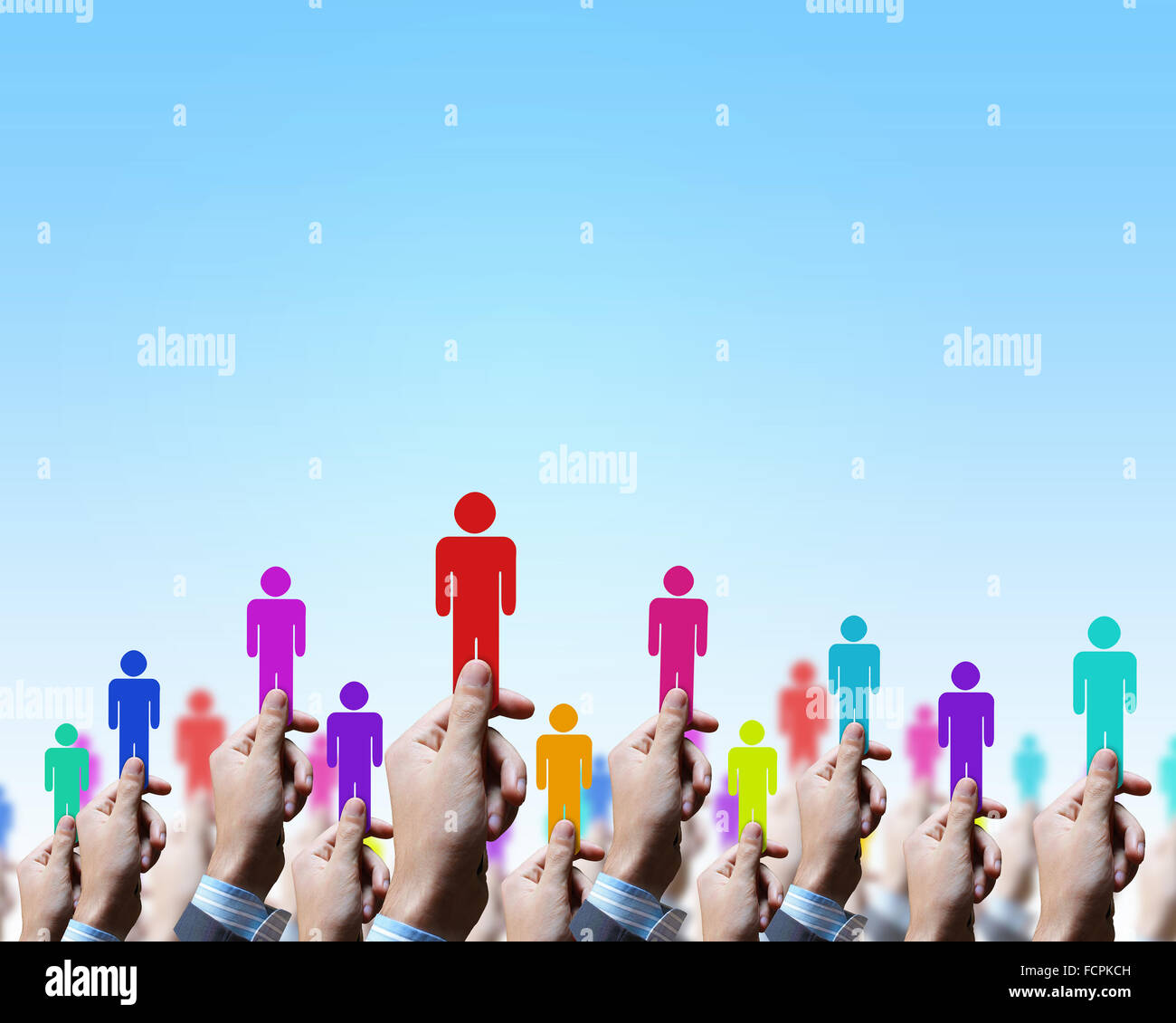 Crowd of businesspeople lifting up hands with conceptual cards Stock ...