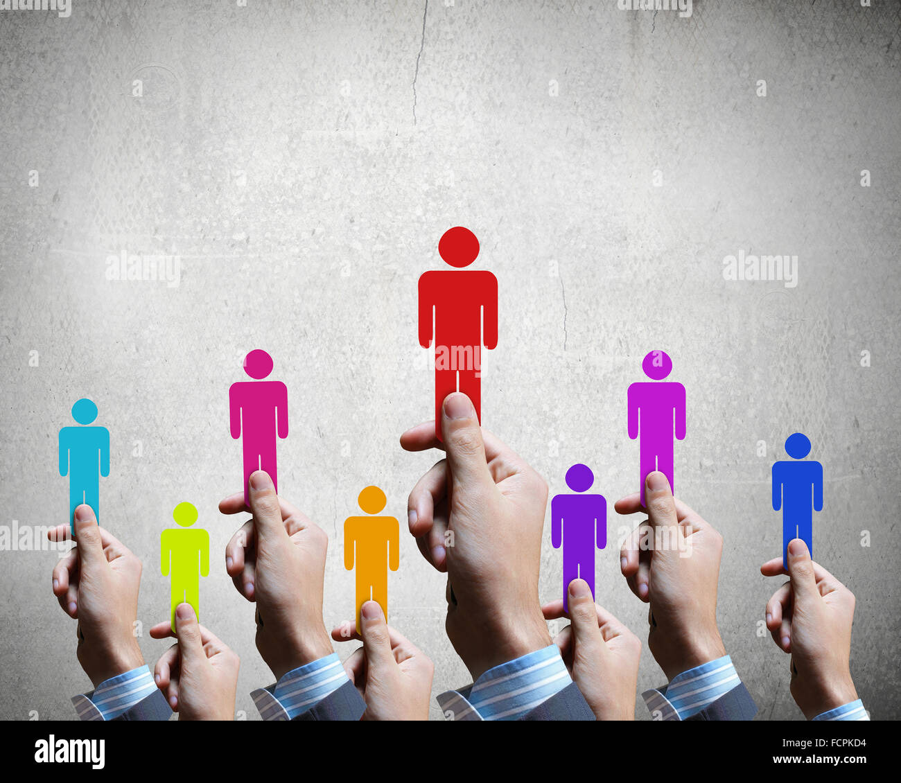 Crowd of businesspeople lifting up hands with conceptual cards Stock ...