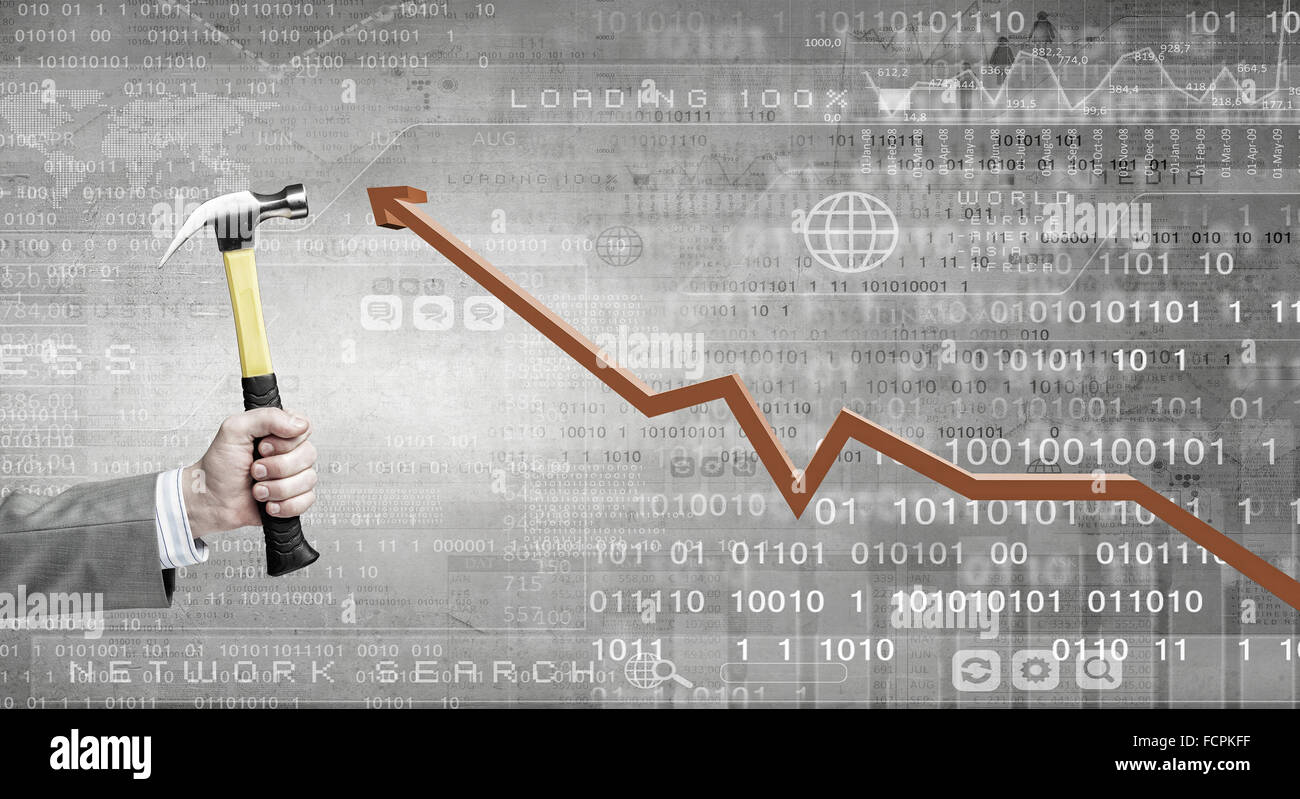 Close up of hammer in human hand breaking increasing graph Stock Photo ...