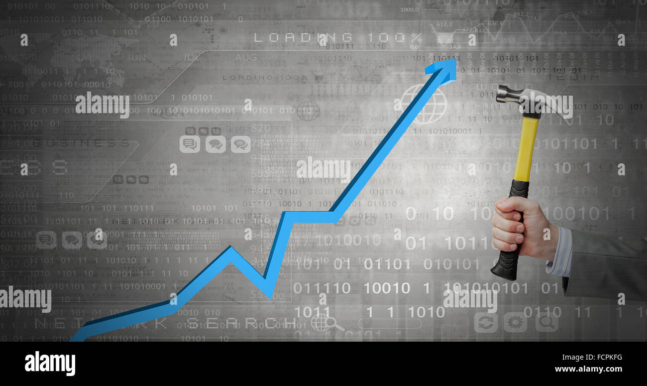 Close up of hammer in human hand breaking increasing graph Stock Photo ...