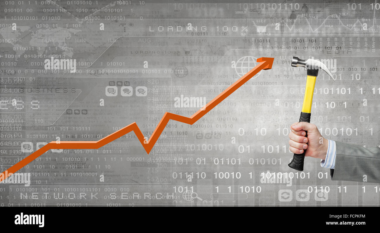 Close up of hammer in human hand breaking increasing graph Stock Photo ...
