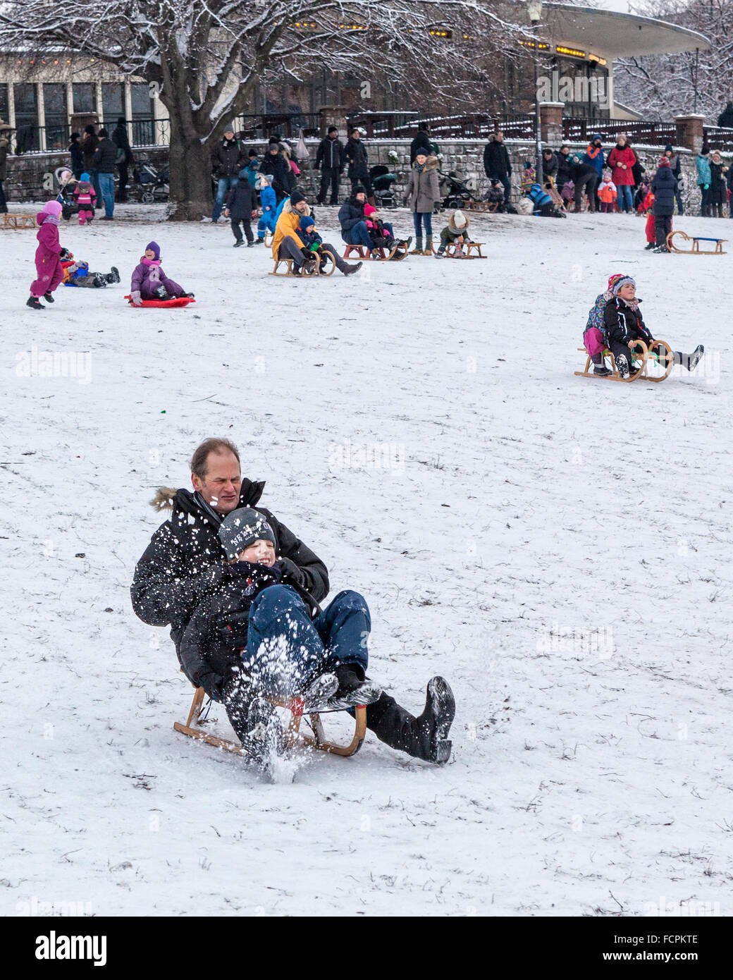 Father and child sledding on a snowy slope in a public park in winter ...
