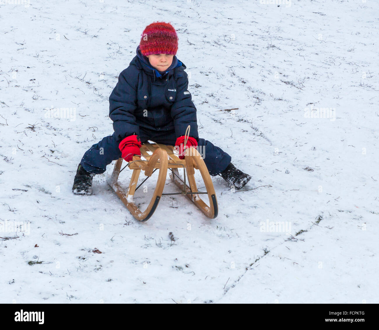Young boy on toboggan sledding on a snowy slope in a public park in ...