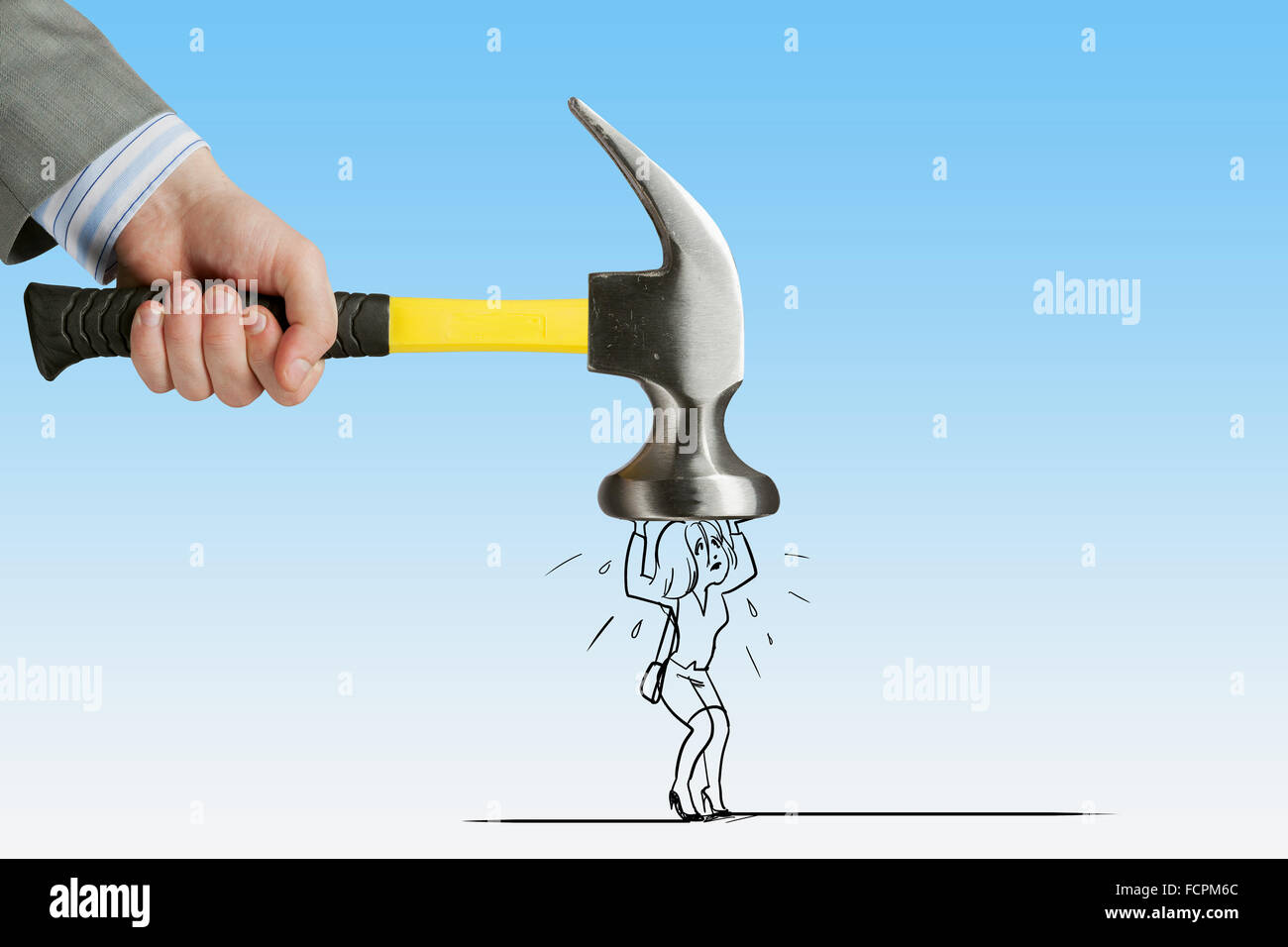 Close up of hammer in male hand attacking scared woman Stock Photo - Alamy