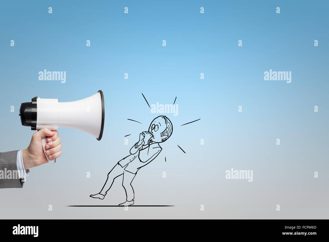 Boss using megaphone yelling at his employee Stock Photo - Alamy